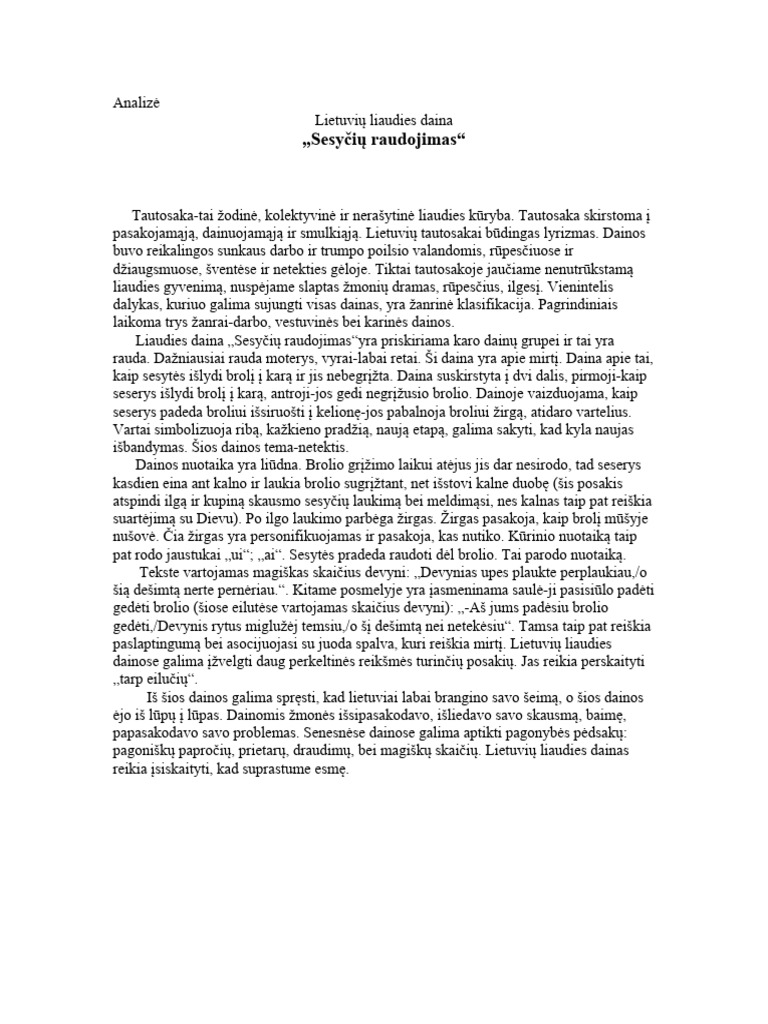 Liaudies Dainos Analizė Sesyčių Raudojimas (Nemoku - LT) | PDF