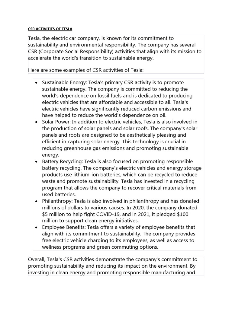 CSR Activities of Tesla | PDF