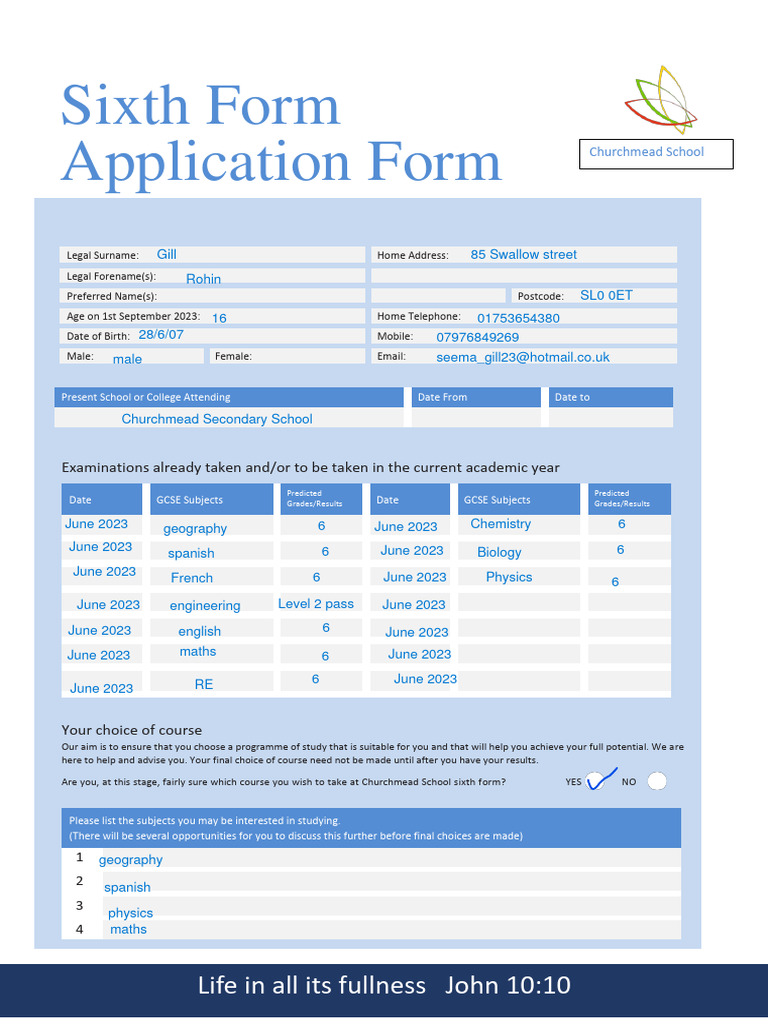 Churchmead Sixth Form Application Form | PDF | Educational Stages | Schools