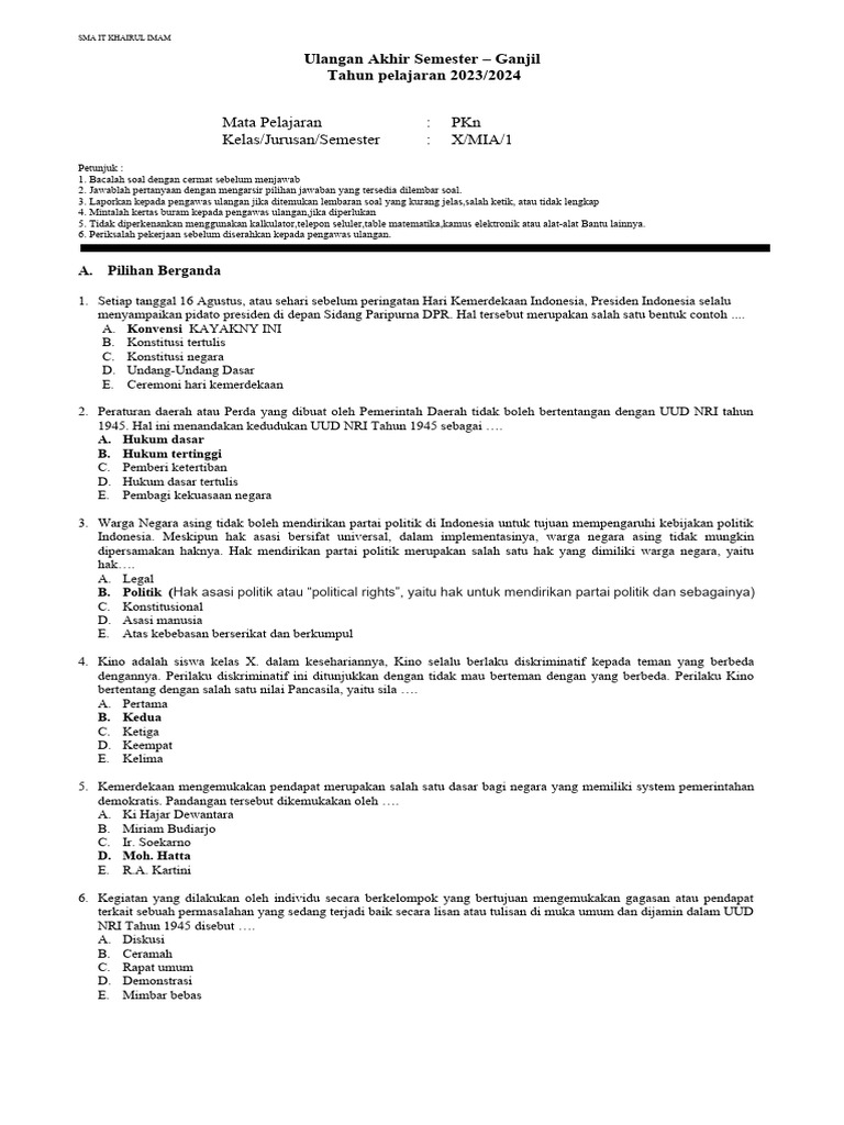 Soal P.KN Uas Ganjil 2023-2024 Kls X | PDF
