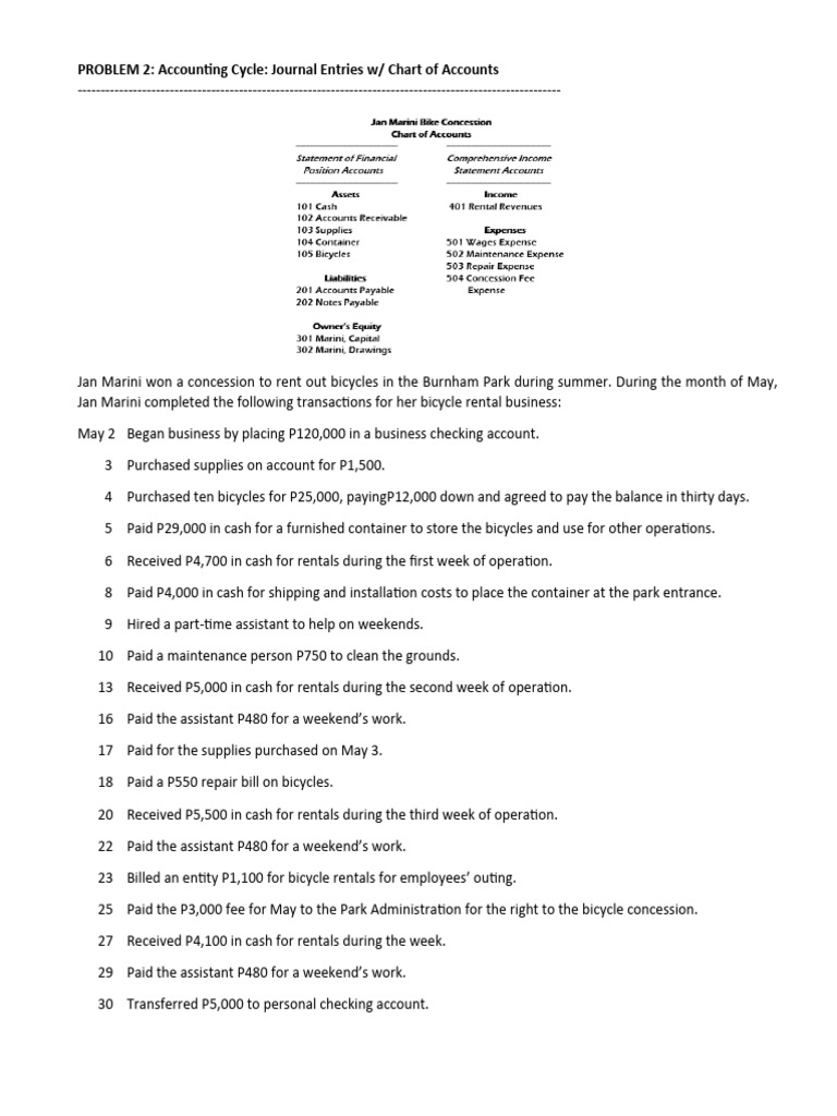 PROBLEM 2 Accounting Cycle Journal Entries With Chart of Accounts | PDF