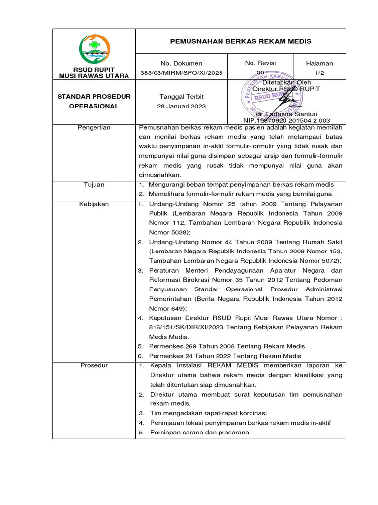 SPO Pemusnahan Berkas Rekam Medis | PDF | Hukum | Pengembangan Diri