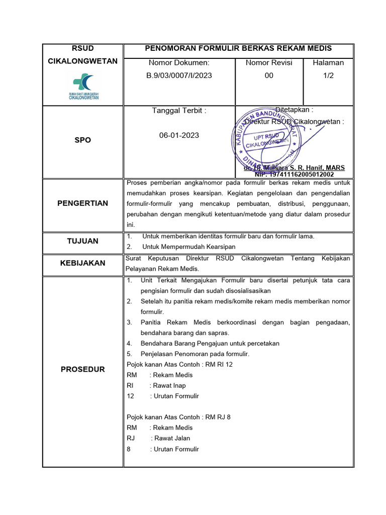 SPO Penomoran Formulir Rekam Medis | PDF