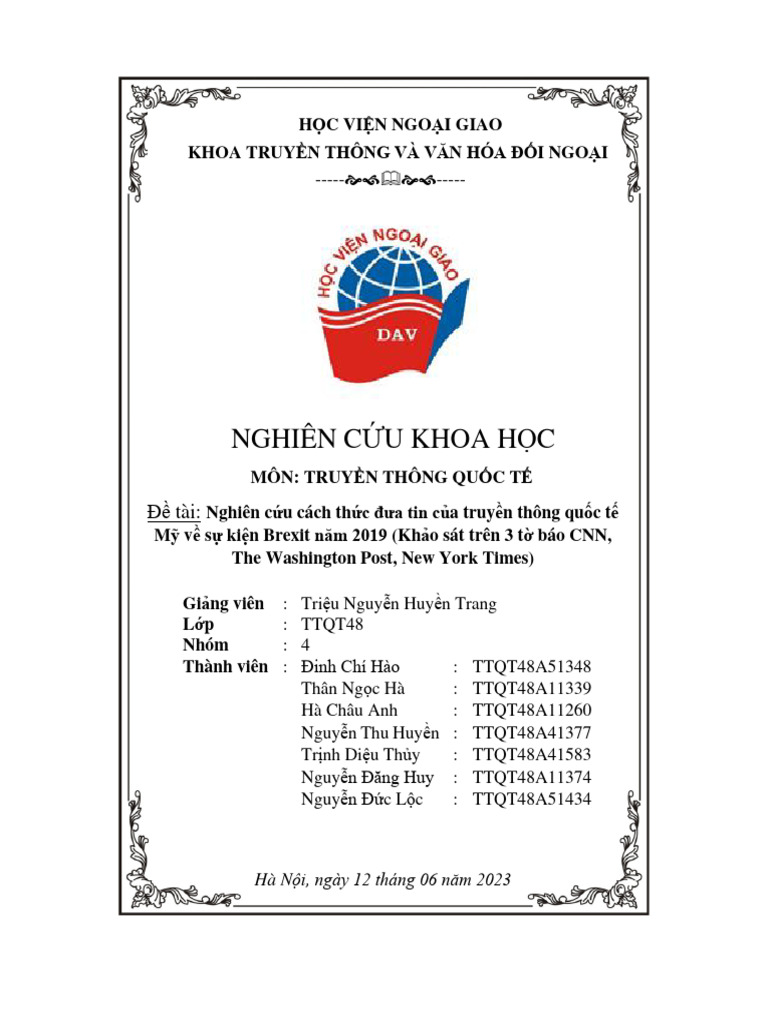 NhÓm 4 Nghiên Cứu Cách Thức đưa Tin Của Truyền Thông Quốc Tế Mỹ Về Sự