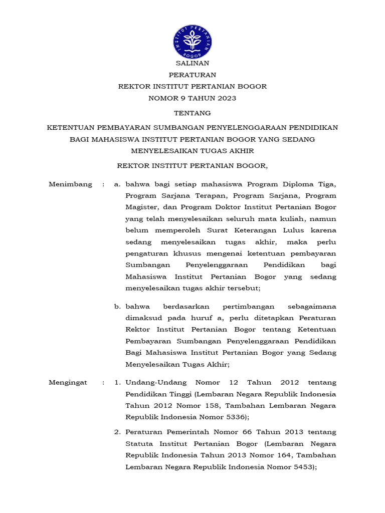 Salinan Peraturan Rektor IPB Nomor 9 Tahun 2023 Tentang Ketentuan Pembayaran SPP Bagi Mahasiswa ...