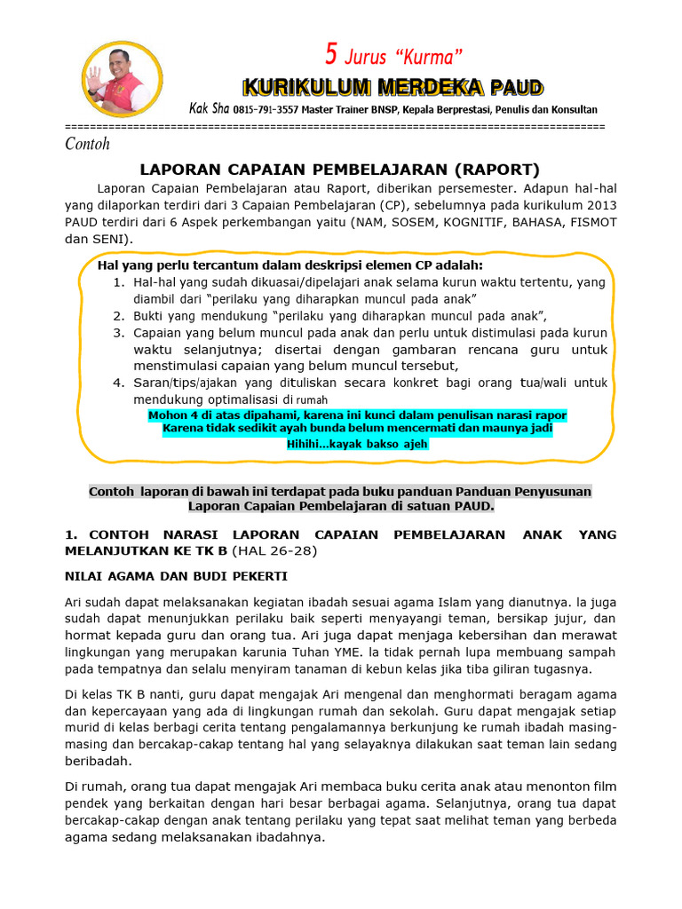 Contoh Narasi Raport TK-RA | PDF
