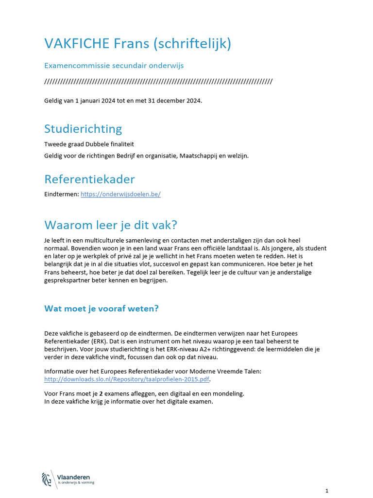 VAKFICHE FRA Schriftelijk 2DF - 2024 | PDF