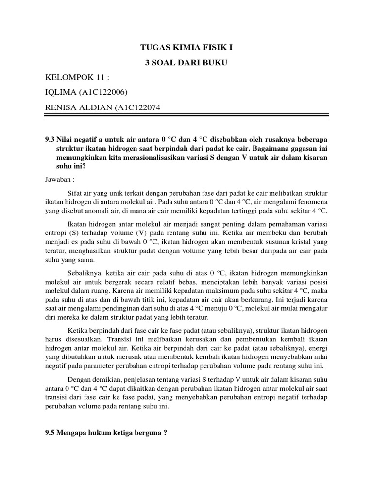Tugas Kimia Fisik I 3 Soal | PDF | Sains & Matematika