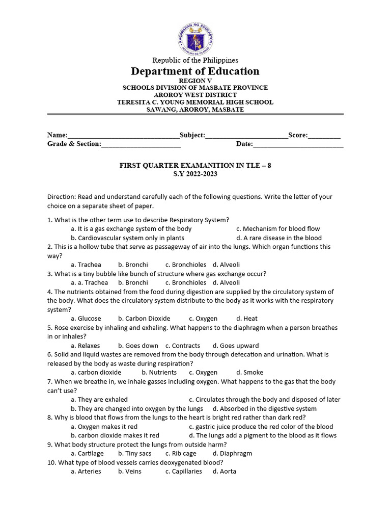 1st Quarter Exam Science 9 | PDF | Lung | Heart