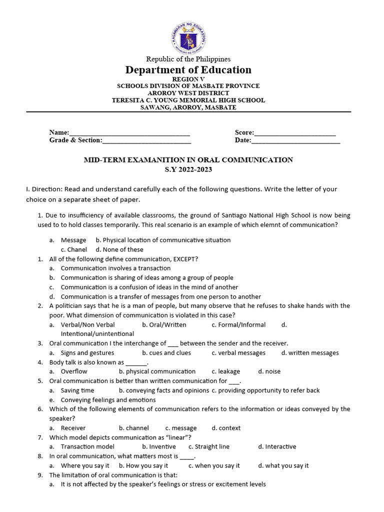 Oral Communication First Grading Exam | Download Free PDF ...