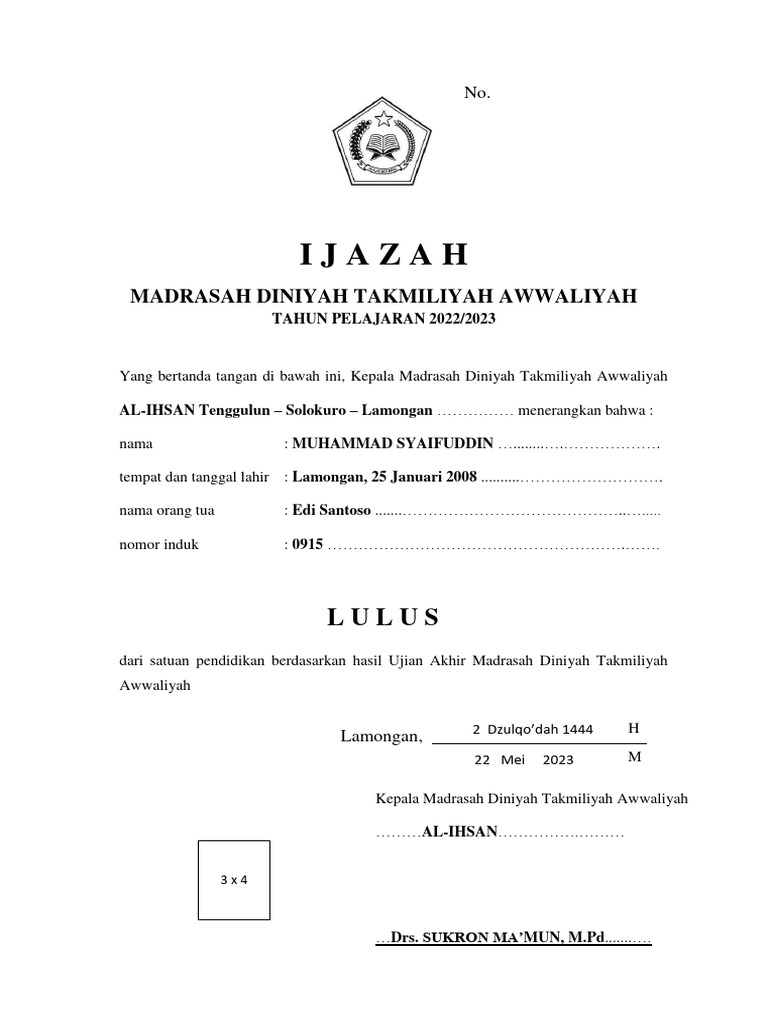 Contoh Ijazah Madrasah Diniyah | PDF