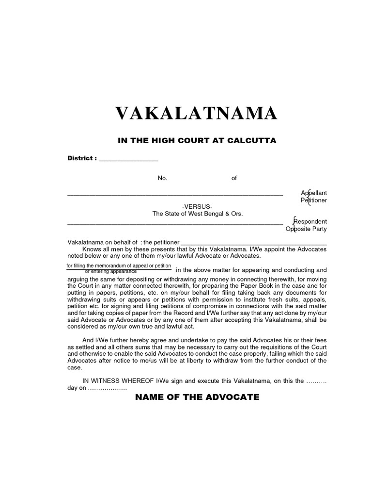Vakalatnama for Calcutta High Court | PDF | Social Science