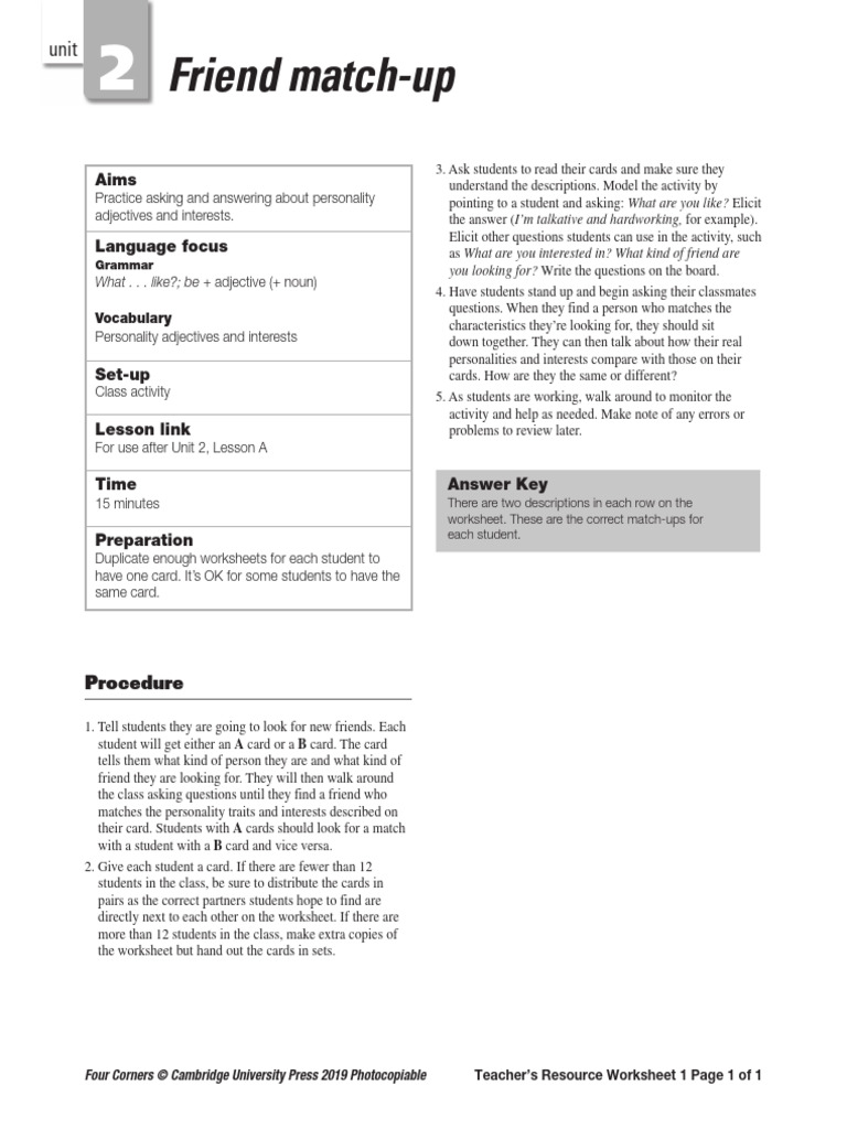 Four Corners Level 2 Unit 2 Friend Match-Up Worksheet 1 | PDF ...