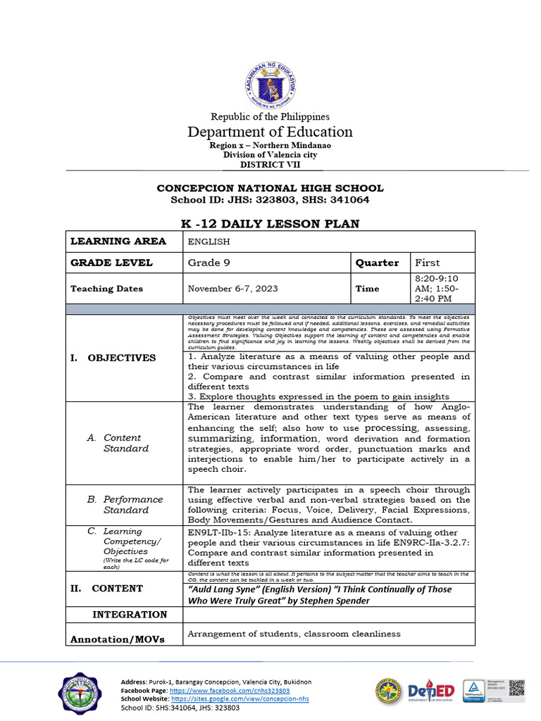 English 9 Quarter 2 - Aud Lang Sang 7e's Esson Plan | PDF | Learning ...
