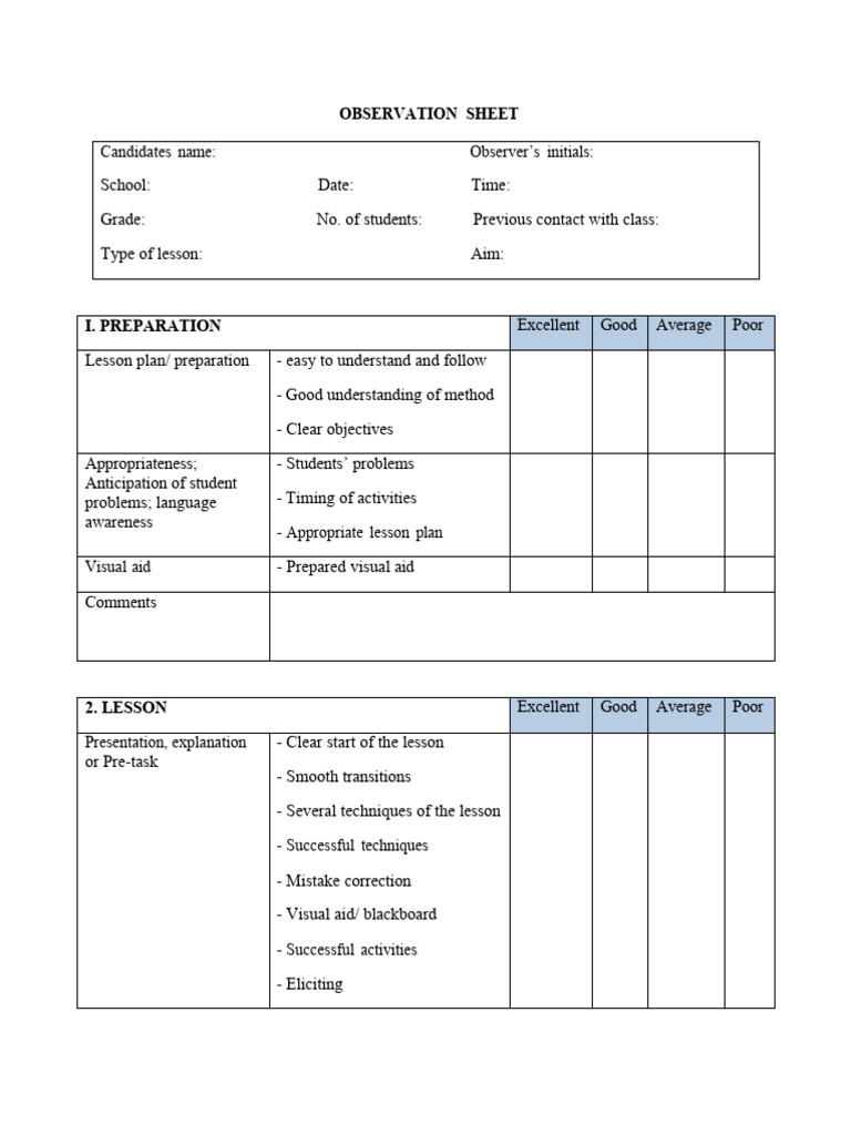 Observation Sheet | PDF | Fluency | Teaching