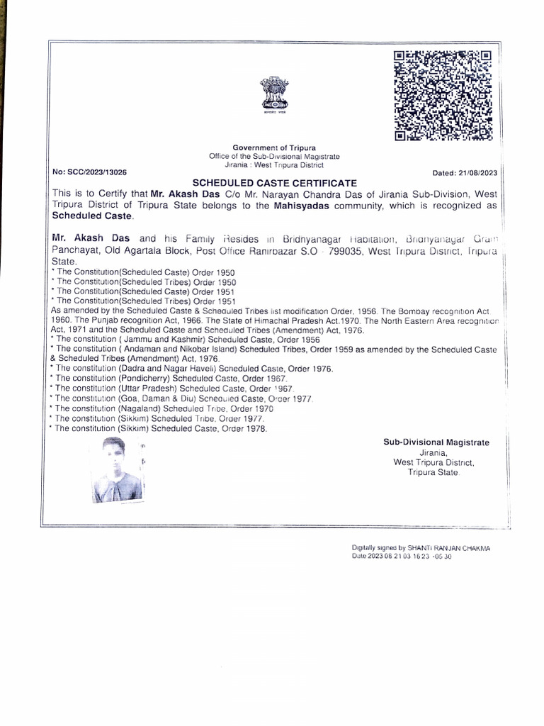Scheduled Caste Certificate - Tripura | PDF