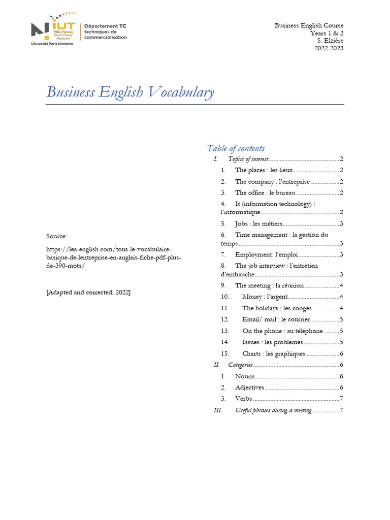 Vocabulaire Anglais Professionnel | PDF | Business | Économie