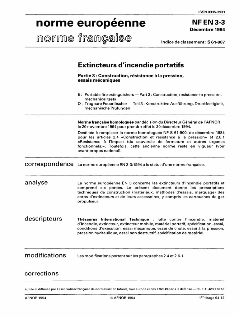 NF EN 3-3 - Extincteurs D'incendie Protatifs, Partie3 - Construction, Résistance À La Pression ...