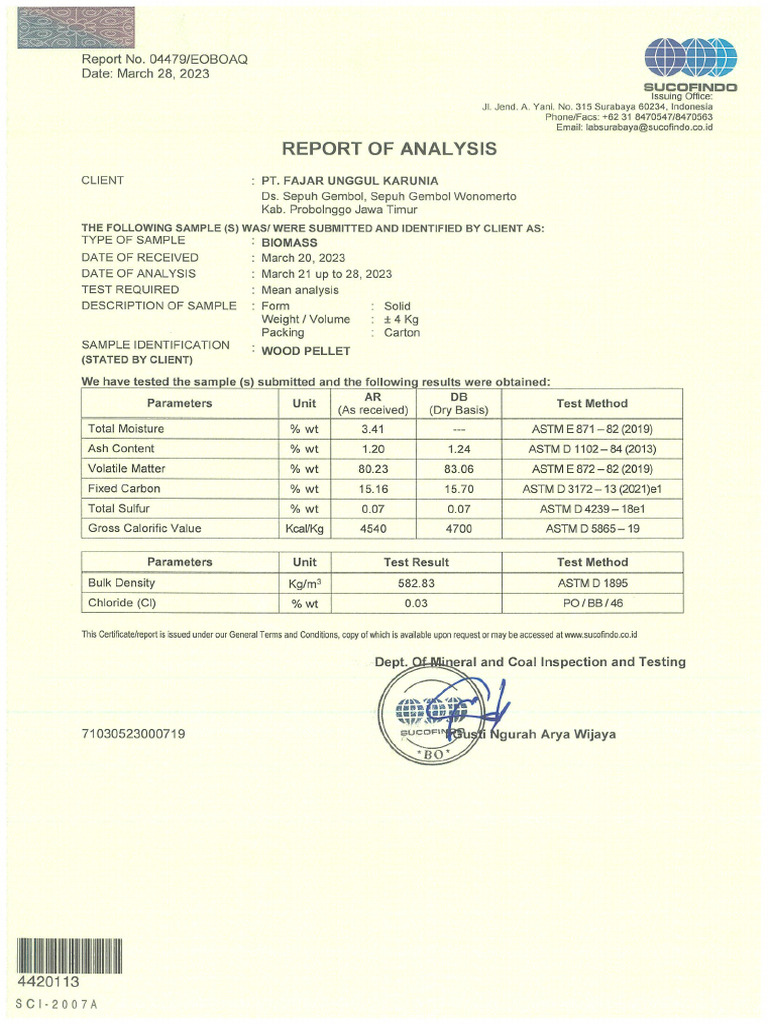 Test Report Wood Pelet PT Fuk | PDF