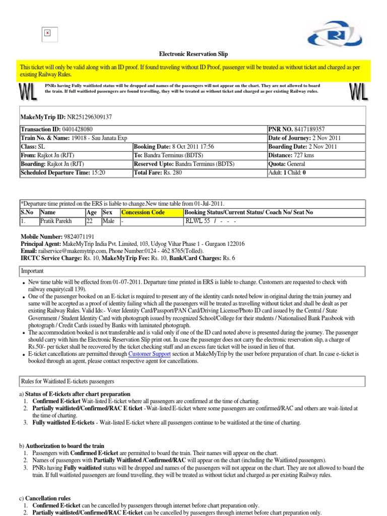Rail E-Ticket - NR251296309137 - PNR 8417189357 - RJT-BDTS | PDF ...