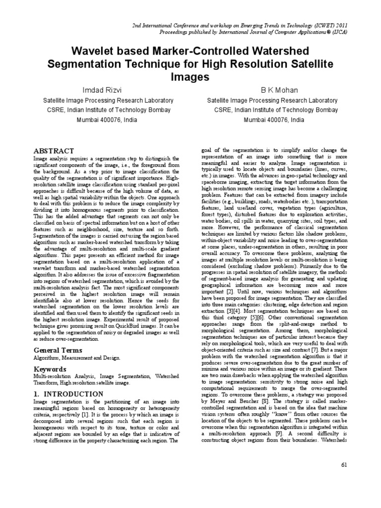 Wavelet Based Marker-Controlled Watershed Segmentation Technique For High Resolution Satellite ...
