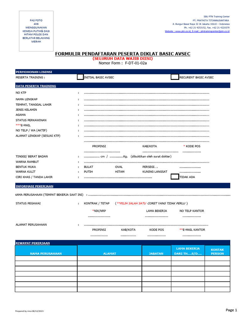 Formulir Pendaftaran Avsec Des 23 | PDF