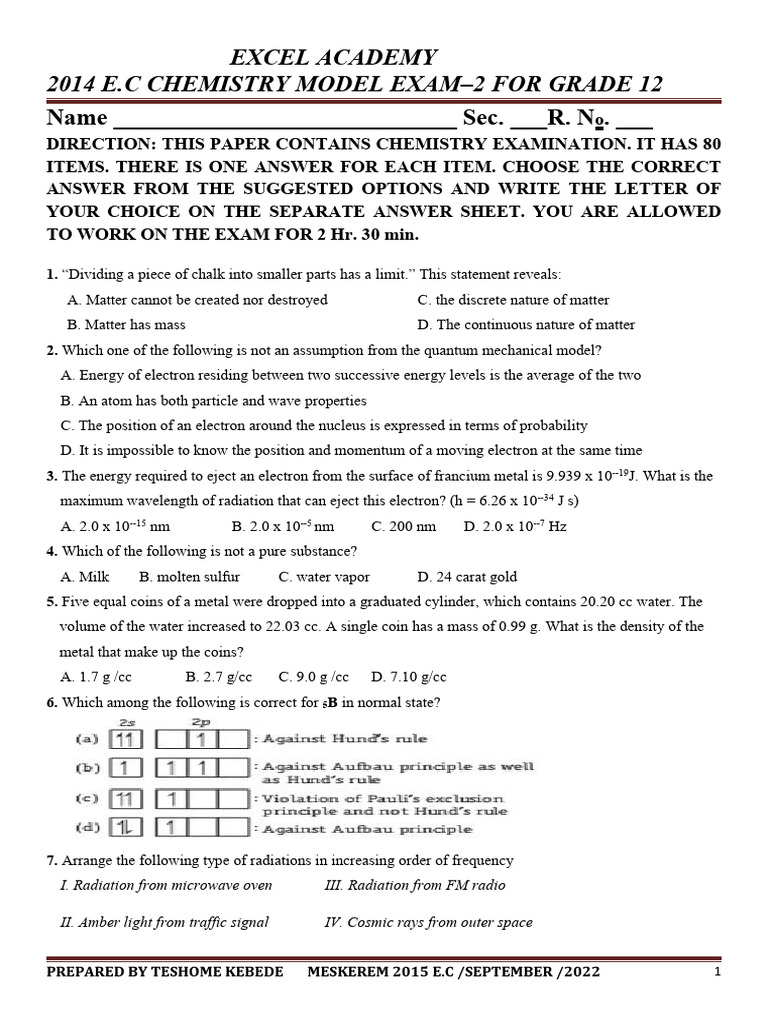 !2014 Excel G-12 Chemistry Model - 2 | PDF | Electron | Redox