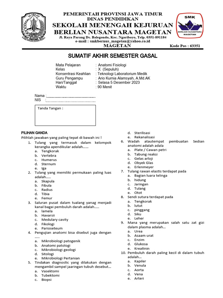Ujian Akhir Anatomi Fisiologi SMK 2023 | PDF