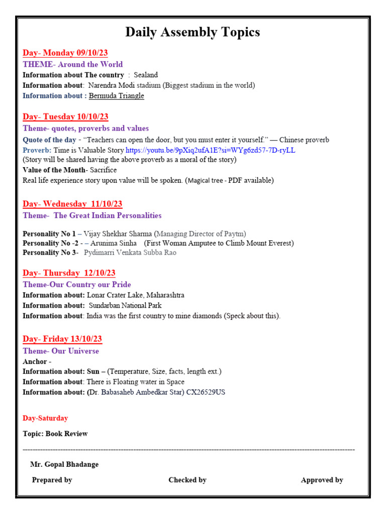 Weekly Assembly Topics Overview | PDF | Young Adult