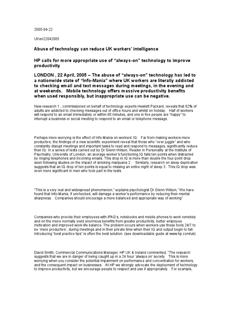 Abuse of Technology Can Reduce UK Workers Intelligence | PDF | Hewlett ...