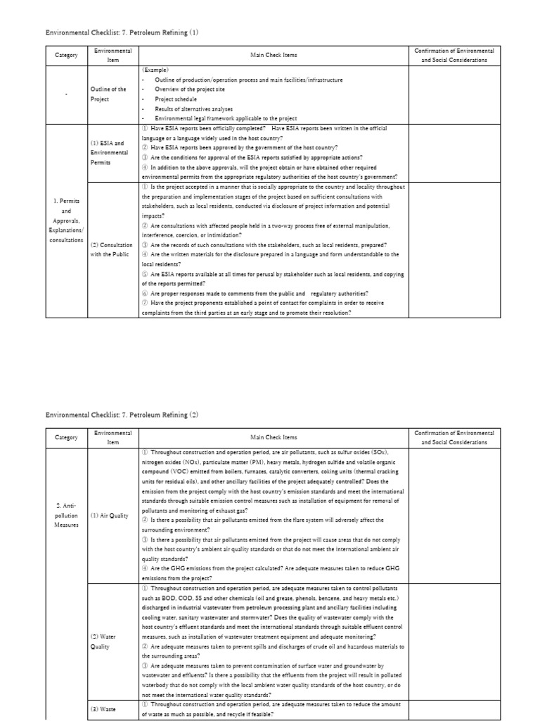 Environmental Checklist: 7. Petroleum Refining | PDF