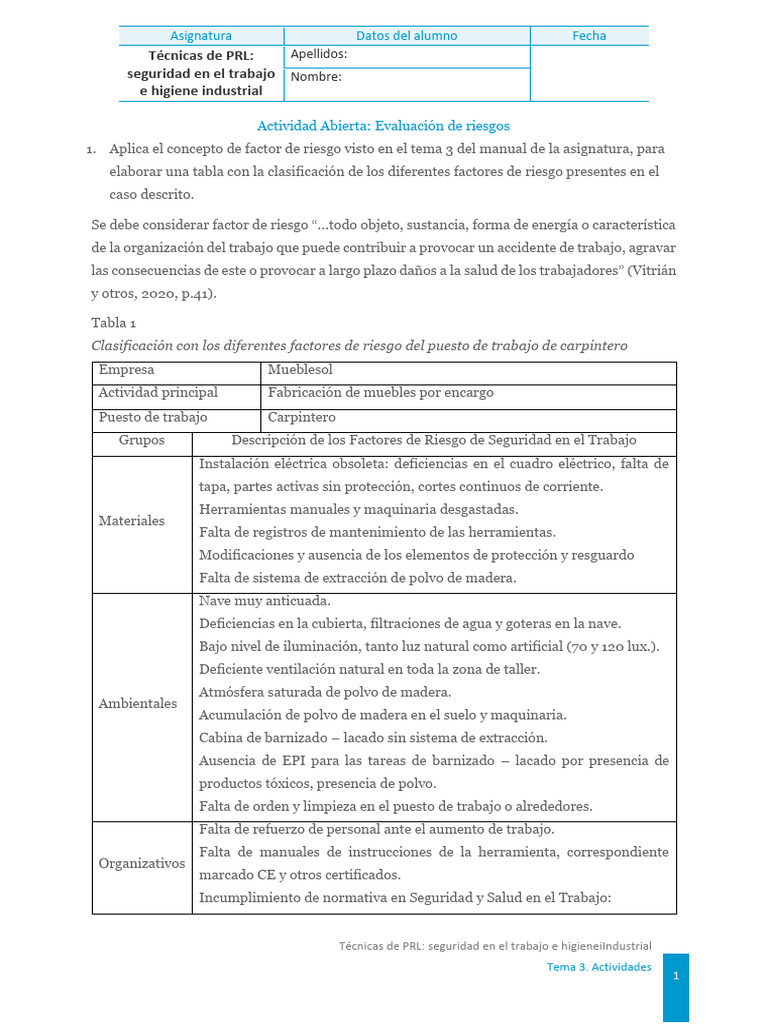 Actividad tprl1 Técnicas PRL | PDF | Higiene Ocupacional | Carpintería