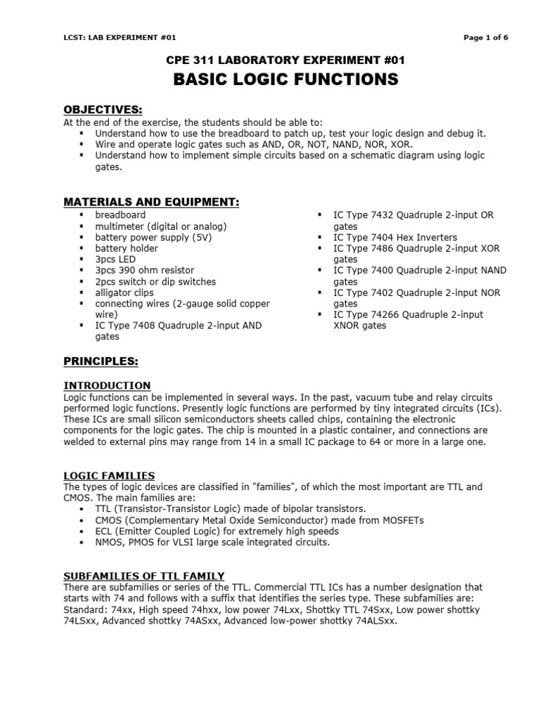 LCST Lab Experiment 01 Revised 1 | PDF | Integrated Circuit | Logic Gate