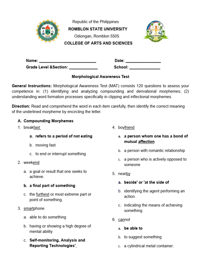Morpheme Analysis Test 1 | PDF | Morphology (Linguistics)