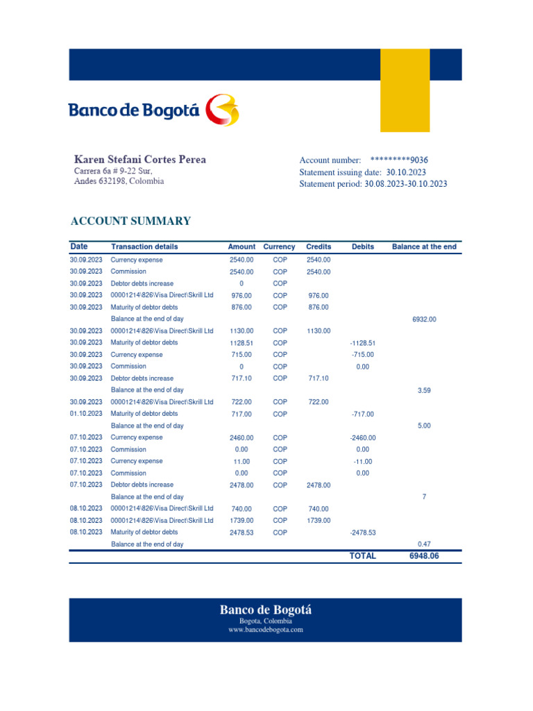 Banco de Bogotá Account Statement | PDF | Debt | Visa Inc.