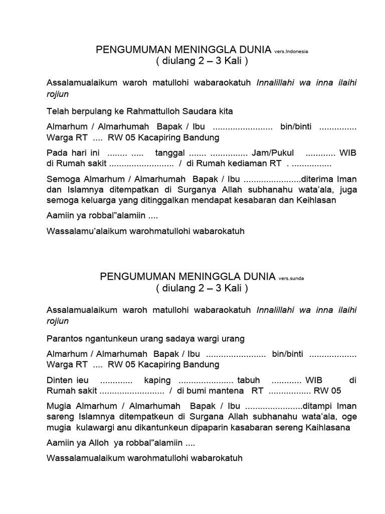 Contoh Pengumuman meninggal Dunia | PDF