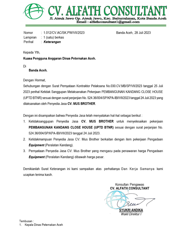 Keterangan Ketidak Sanggupan Kontraktor | PDF