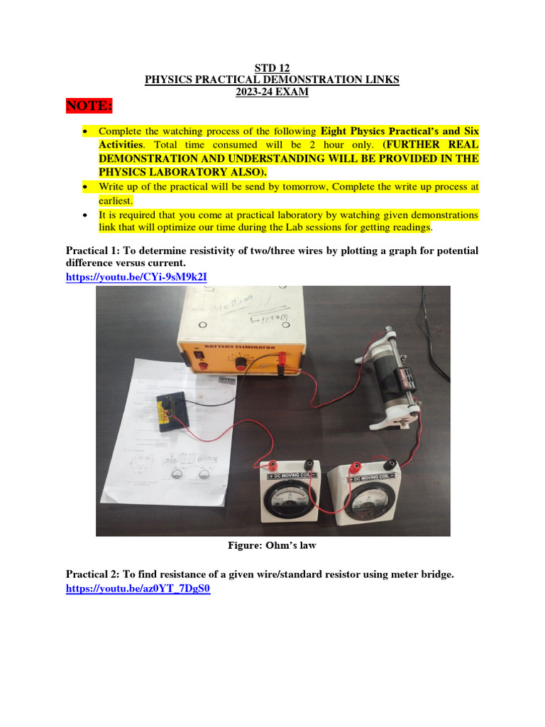 STD 12 PRACTICAL DEMONSTRATION LINK 23-24 | PDF | Electrical Resistance ...