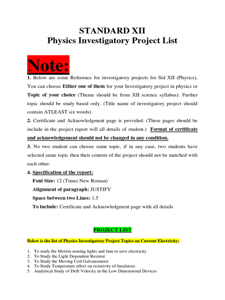 STD-12 Physics Investigatory Project List With Certificate and Acknowledgement | PDF | Science ...
