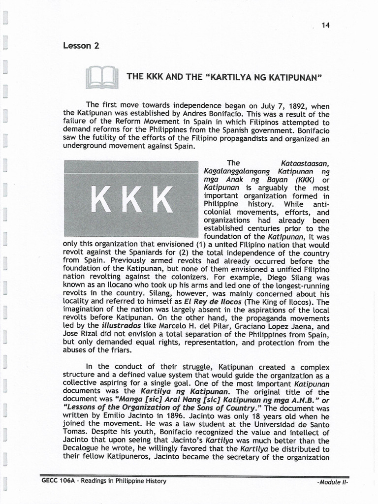 Readings in Philippine History - Lesson 2 The KKK and The KARTILYA NG KATIPUNAN | PDF
