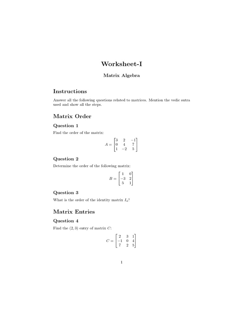 Worksheet Matrix Algebra | Download Free PDF | Matrix (Mathematics ... Worksheet Matrix Algebra | Download Free PDF | Matrix (Mathematics ...
