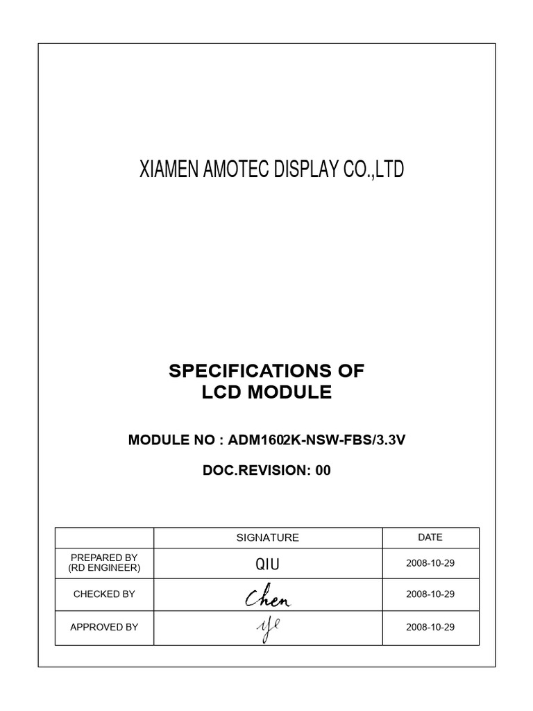 16x2 Character LCD Datasheet | PDF