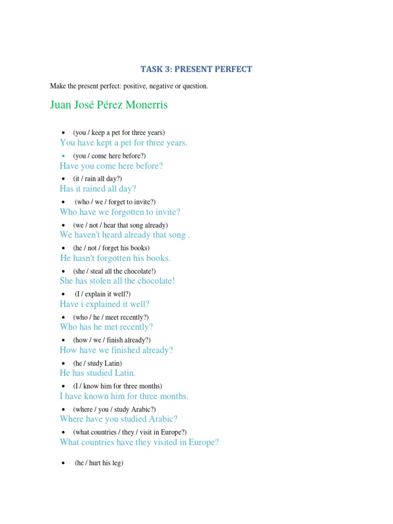 Task 3 - Present Perfect (Resuelto) 2 | PDF