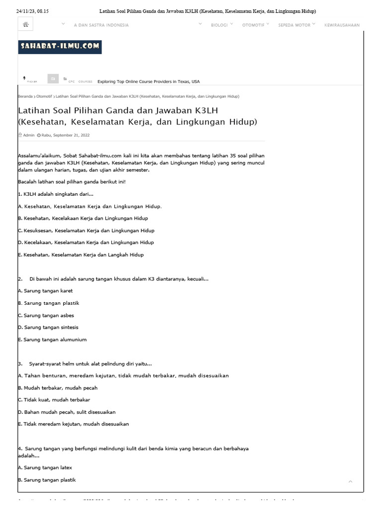 Latihan Soal Pilihan Ganda Dan Jawaban K3LH (Kesehatan, Keselamatan Kerja, Dan Lingkungan Hidup ...