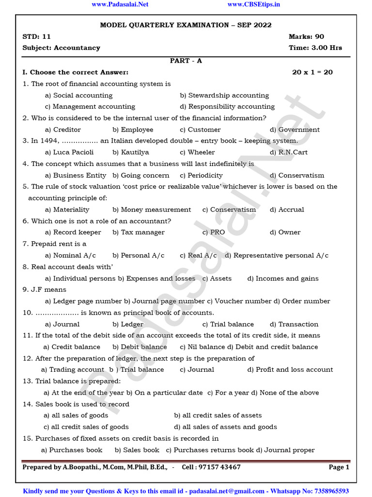 11th Accountancy EM Quarterly Exam 2022 Model Question Paper English ...