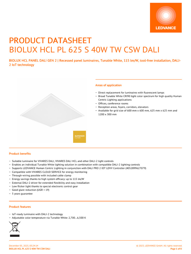 BIOLUX HCL PL 625 S 40W TW CSW DALI en | PDF | Lighting | Mains Electricity