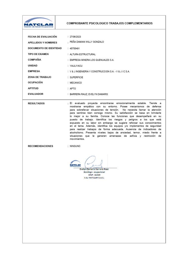Comprobante Psicologico Trabajos Complementarios | PDF