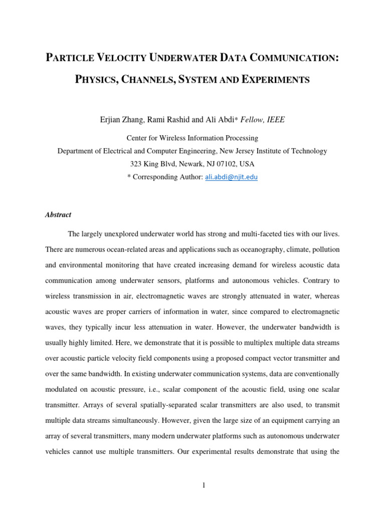 Particle Velocity Uw Data Communication Physics Channels System and Experiment | PDF