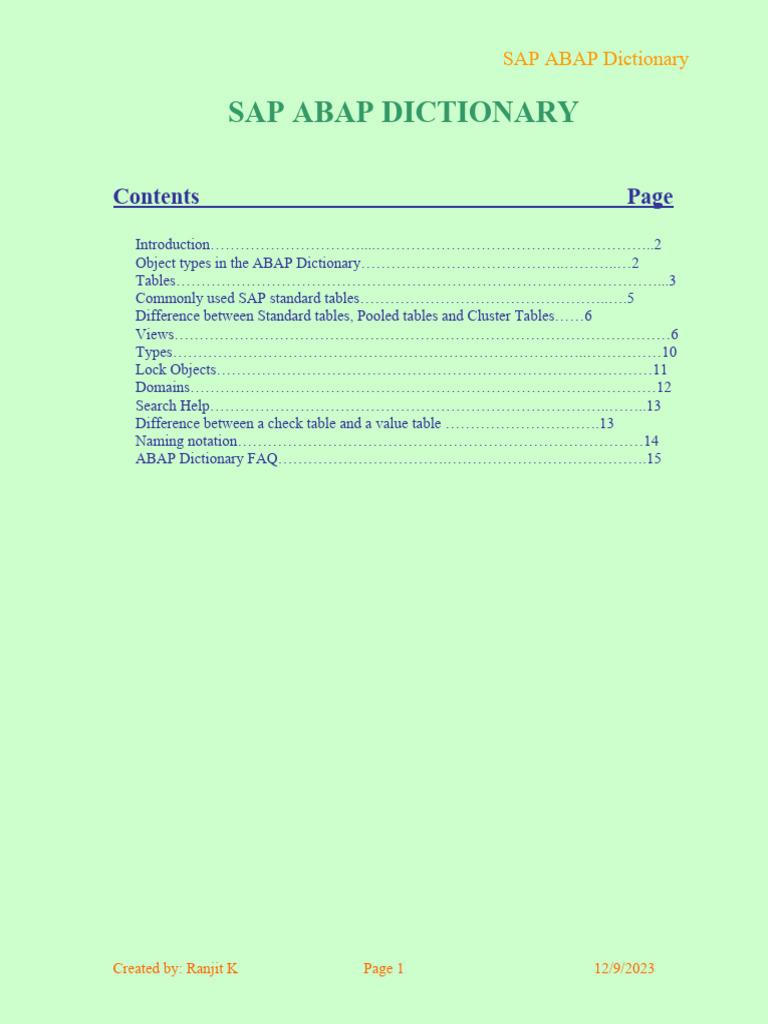 SAP ABAP Dictionary Guide | PDF | Databases | Database Index