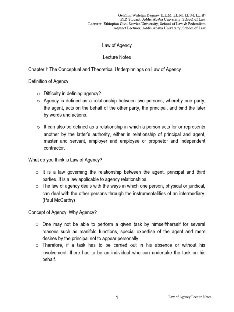 Law of Agency: Lecture Notes | PDF